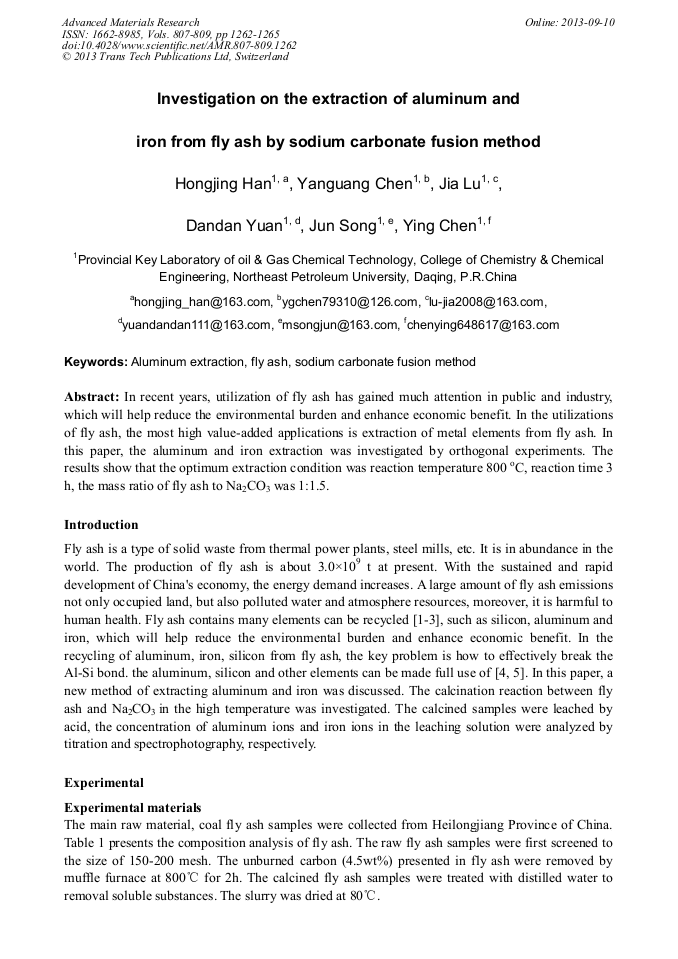 Investigation on the Extraction of Aluminum and Iron from Fly Ash by ...