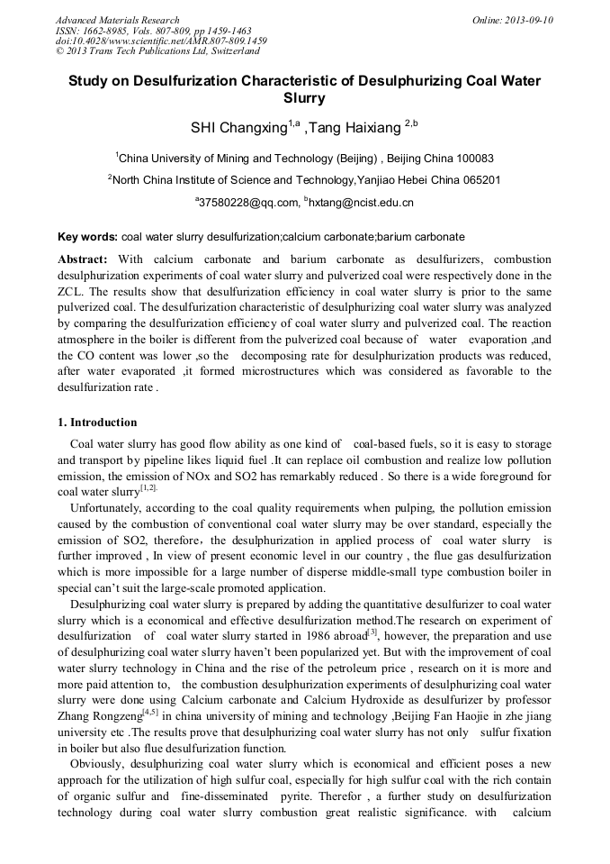 Study on Desulfurization Characteristic of Desulphurizing Coal Water ...