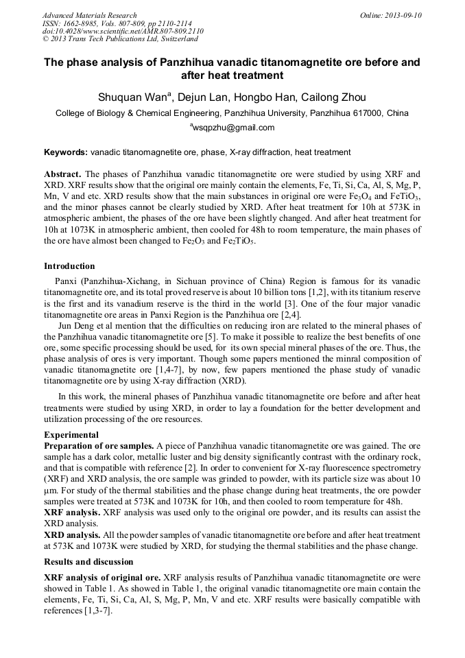 The Phase Analysis of Panzhihua Vanadic Titanomagnetite Ore before and ...