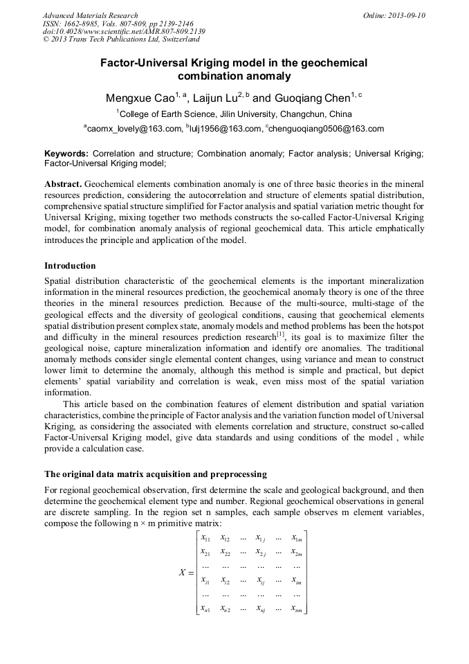 Factor-Universal Kriging Model in the Geochemical Combination Anomaly ...