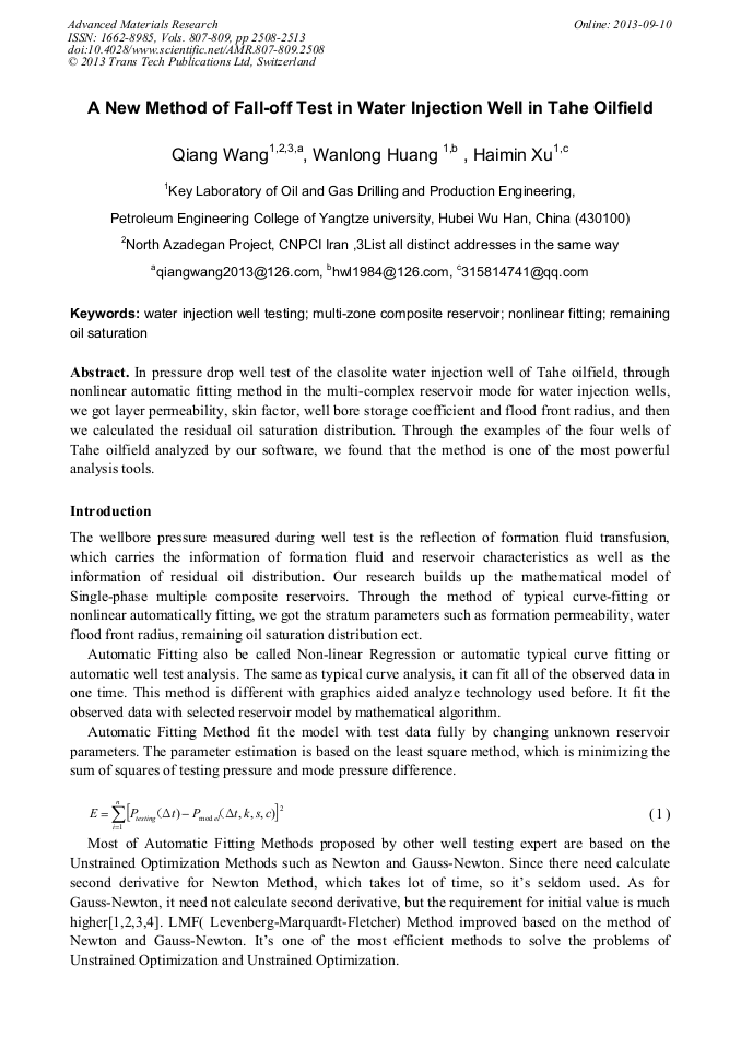 A New Method of Fall-Off Test in Water Injection Well in Tahe Oilfield ...