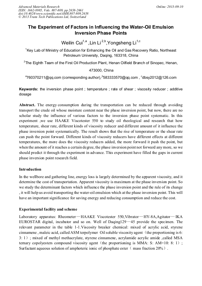 The Experiment of Factors in Influencing the Water-Oil Emulsion ...