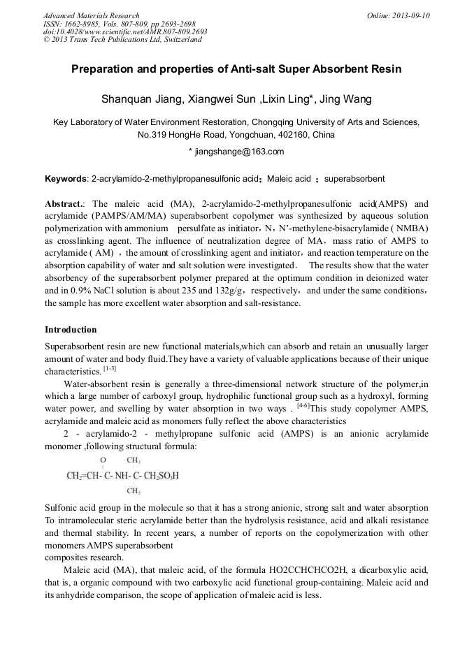 Preparation and Properties of Anti-Salt Super Absorbent Resin ...