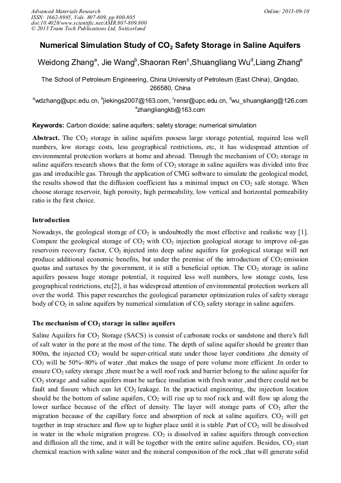Numerical Simulation Study of CO2 Safety Storage in Saline Aquifers ...