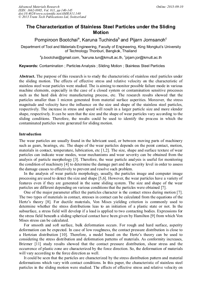 The Characterization of Stainless Steel Particles under the Sliding ...