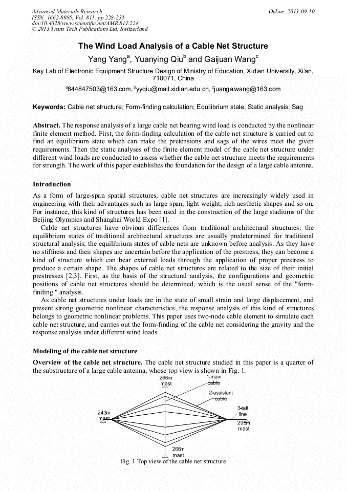 The Wind Load Analysis of a Cable Net Structure | Scientific.Net