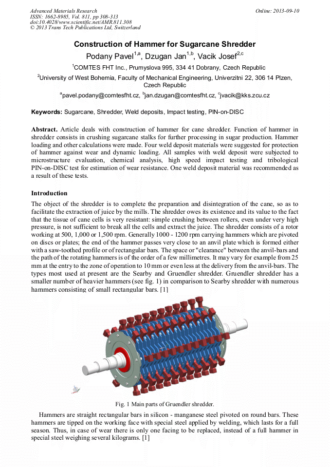 Construction of Hammer for Sugarcane Shredder | Scientific.Net