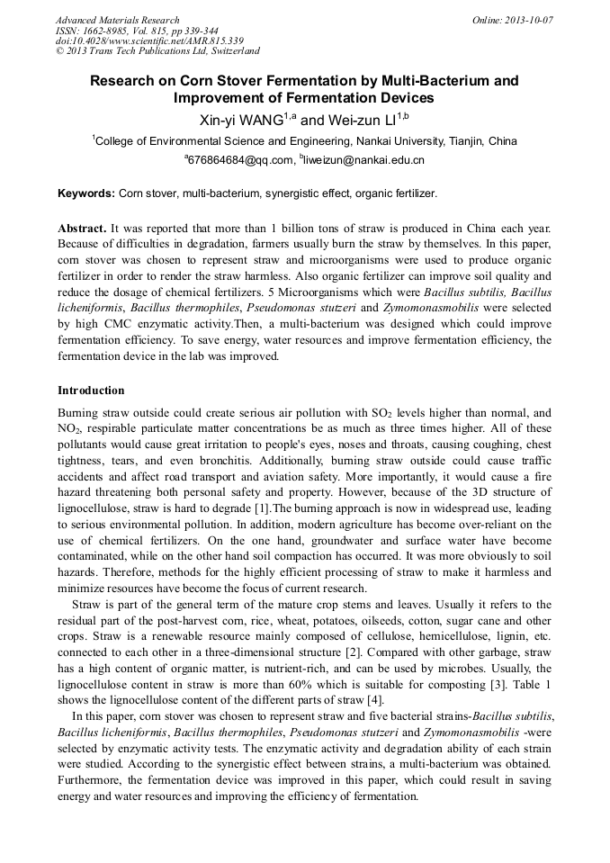 Research on Corn Stover Fermentation by Multi-Bacterium and Improvement ...