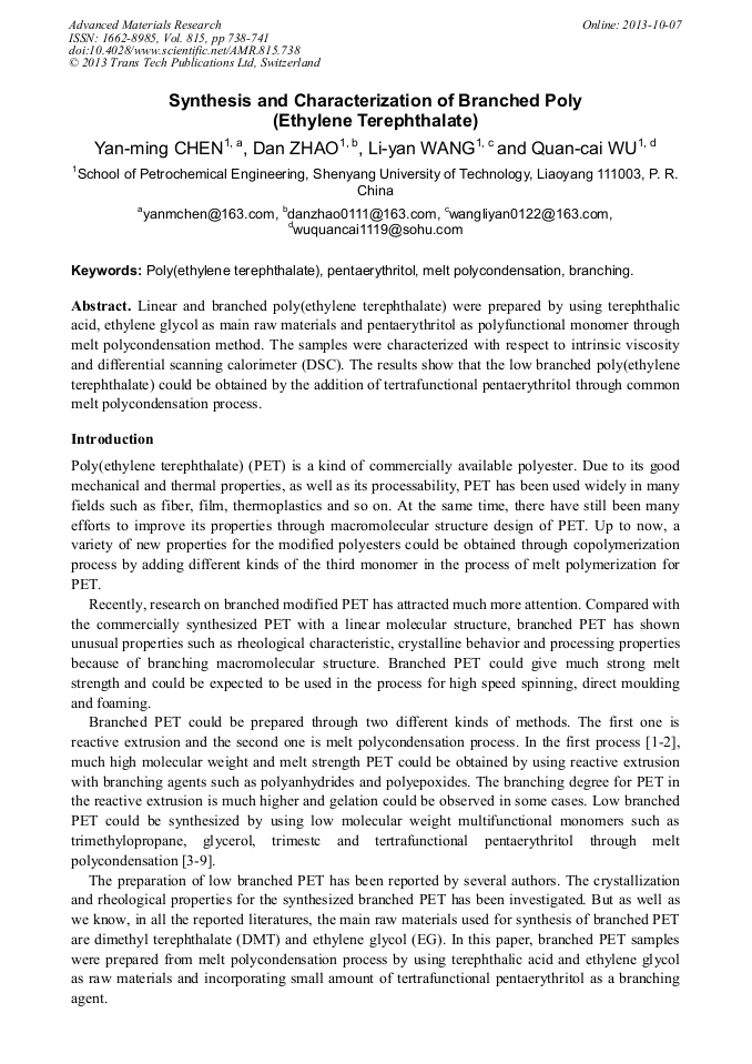 Synthesis and Characterization of Branched Poly(Ethylene Terephthalate ...