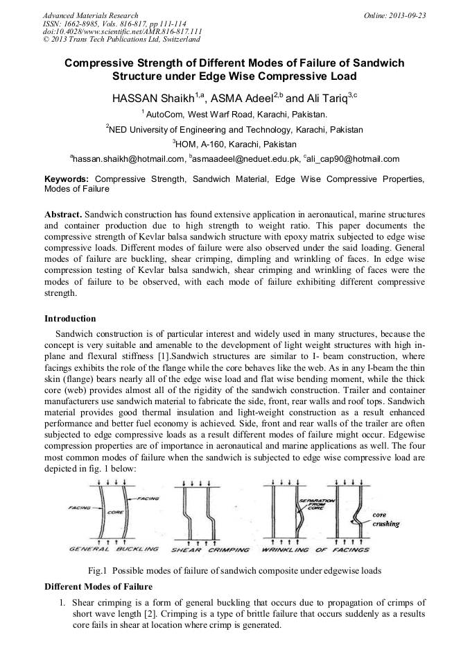 Compressive Strength of Different Modes of Failure of Sandwich ...