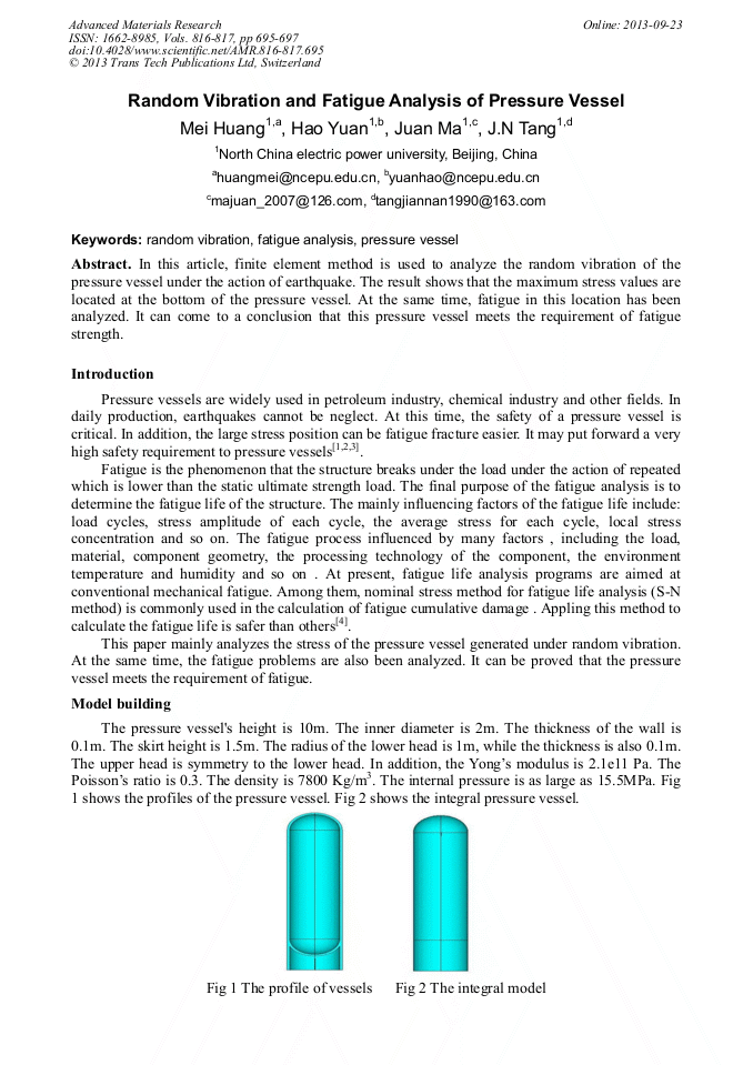 Random Vibration and Fatigue Analysis of Pressure Vessel | Scientific.Net