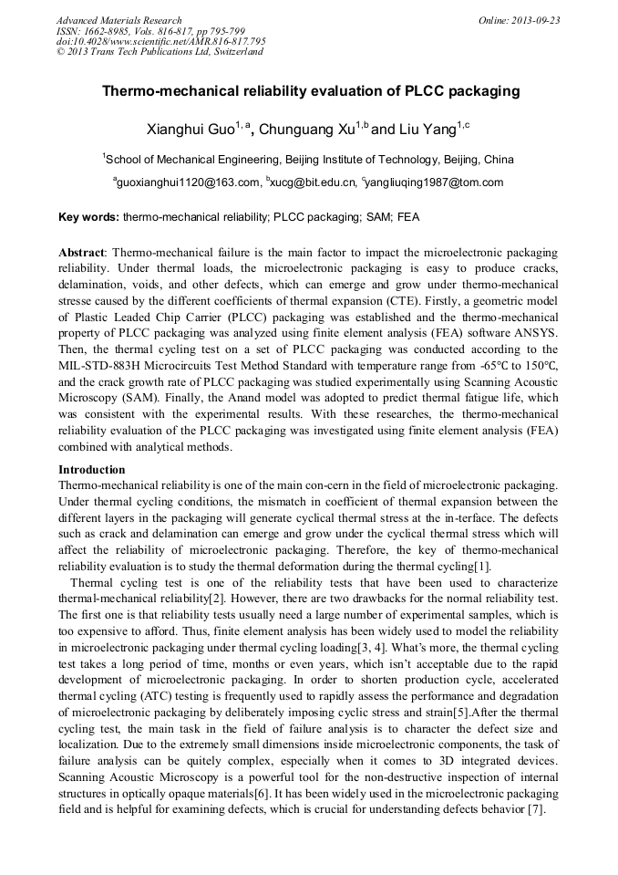 Thermo-Mechanical Reliability Evaluation of PLCC Packaging | Scientific.Net