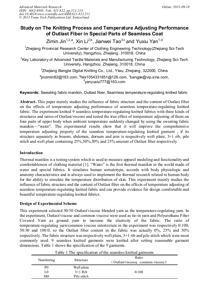 Study on the Knitting Process and Temperature Adjusting Performance of ...