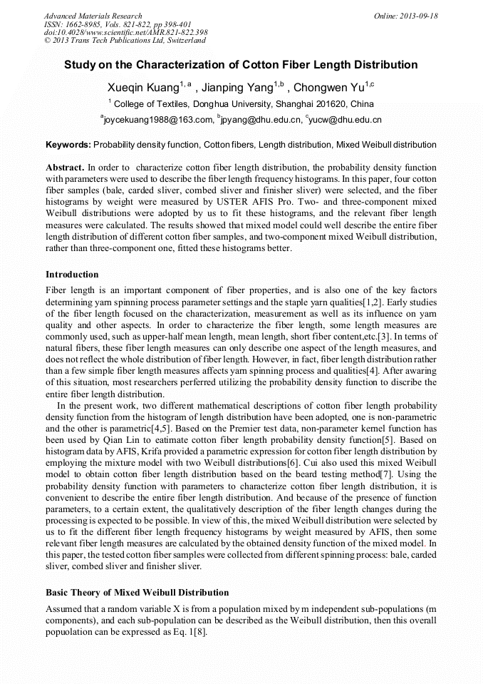 Study on the Characterization of Cotton Fiber Length Distribution ...