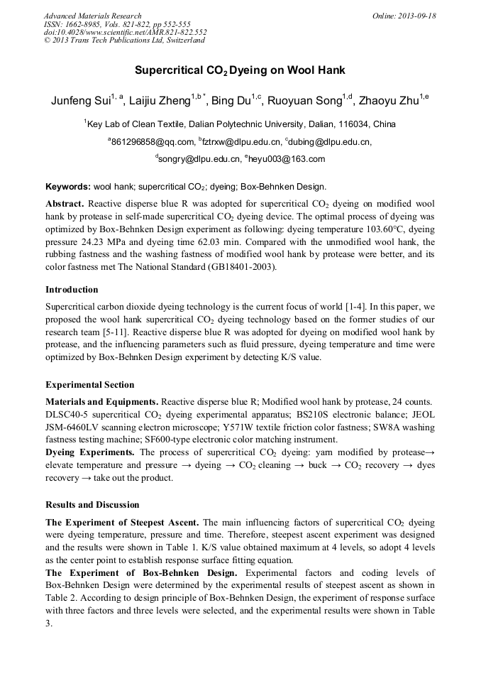 Supercritical CO2 Dyeing on Wool Hank | Scientific.Net