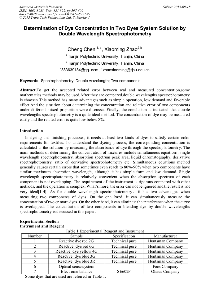 Determination of Dye Concentration in Two Dyes System Solution by ...