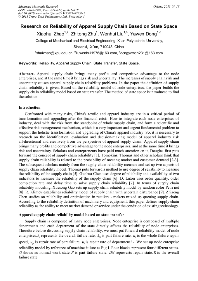 Research on Reliability of Apparel Supply Chain Based on State Space ...