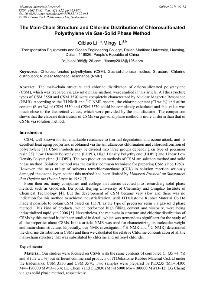 The Main-Chain Structure and Chlorine Distribution of Chlorosulfonated ...