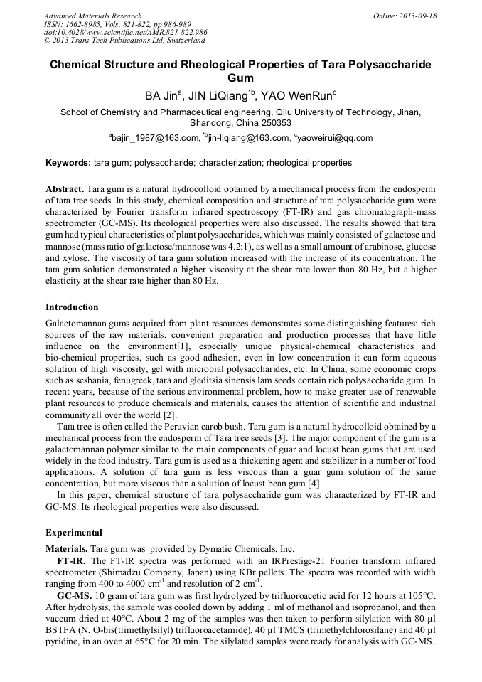 Chemical Structure and Rheological Properties of Tara Polysaccharide ...