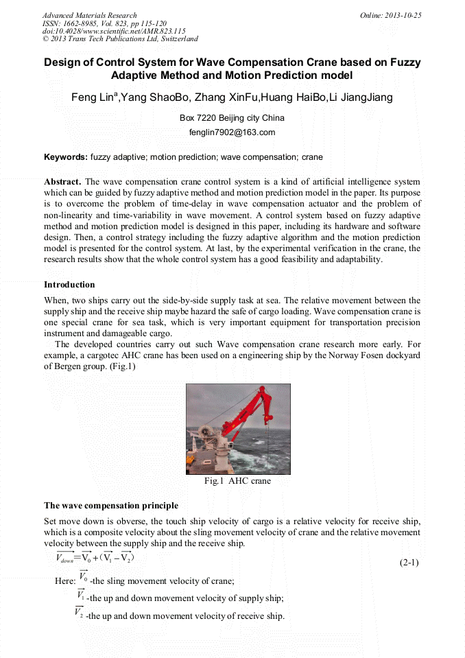 Design of Control System for Wave Compensation Crane Based on Fuzzy ...