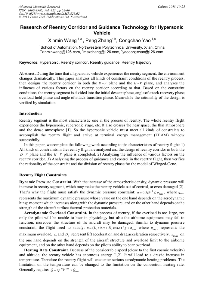 Research of Reentry Corridor and Guidance Technology for Hypersonic ...