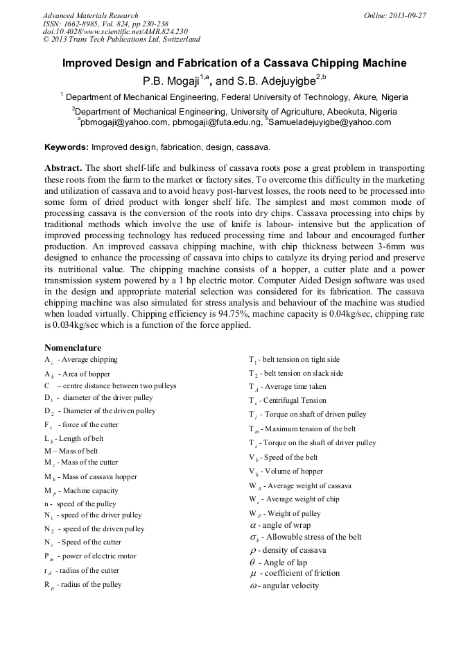 Improved Design and Fabrication of a Cassava Chipping Machine ...