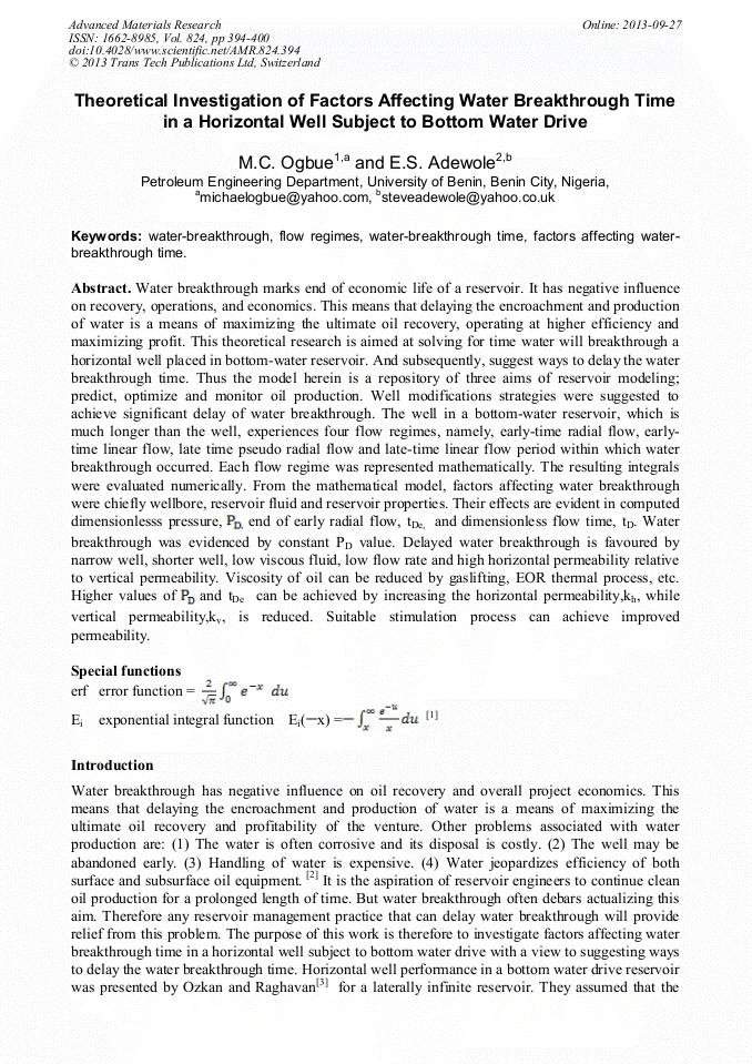 Theoretical Investigation of Factors Affecting Water Breakthrough Time ...