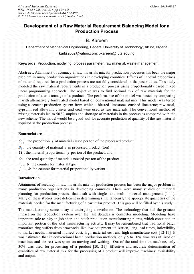 Development of a Raw Material Requirement Balancing Model for a ...
