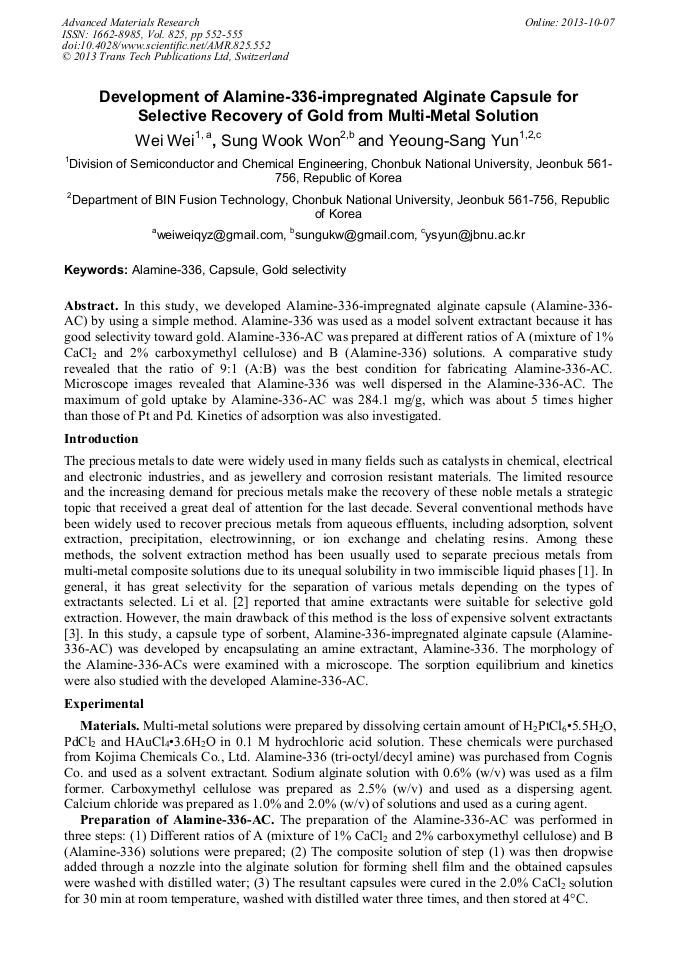 Development of Alamine-336-Impregnated Alginate Capsule for Selective ...