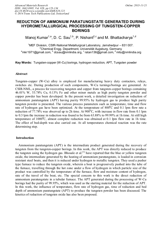 Reduction of Ammonium Paratungstate Generated during Hydrometallurgical ...