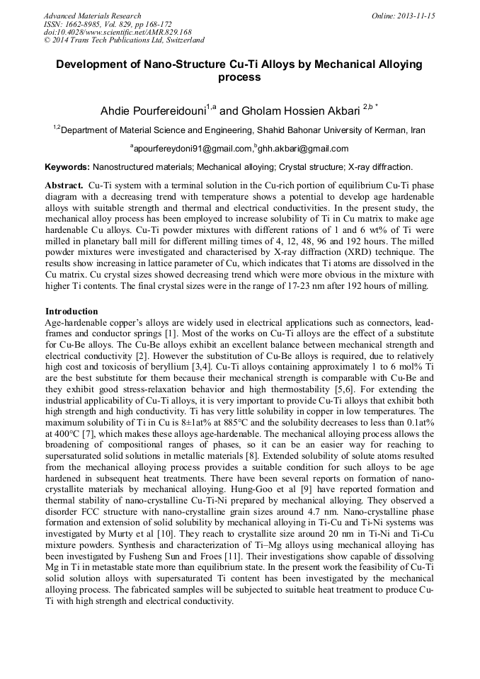 Development of Nano-Structure Cu-Ti Alloys by Mechanical Alloying ...