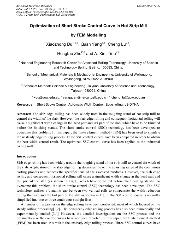 Optimization of Short Stroke Control Curve in Hot Strip Mill by FEM ...