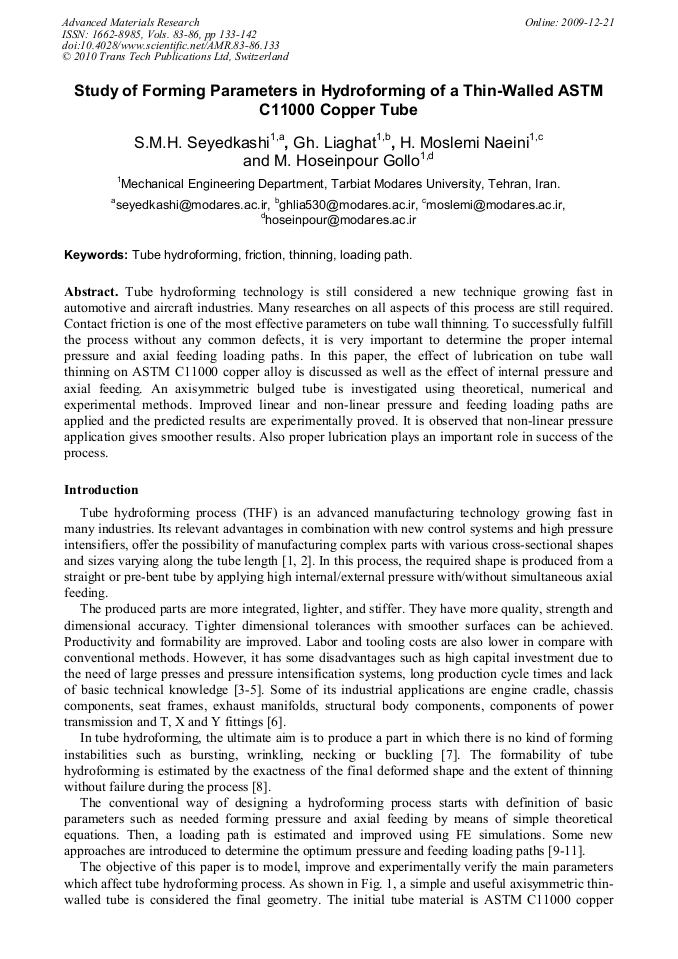 Study of Forming Parameters in Hydroforming of a Thin-Walled ASTM ...