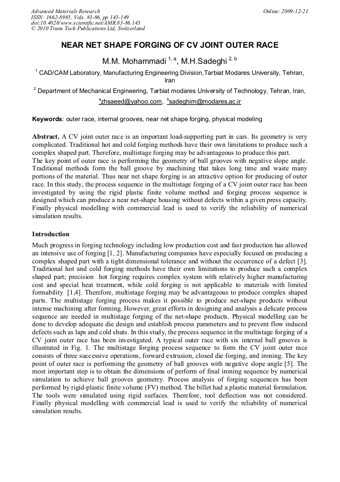 Near Net Shape Forging of CV Joint Outer Race | Scientific.Net