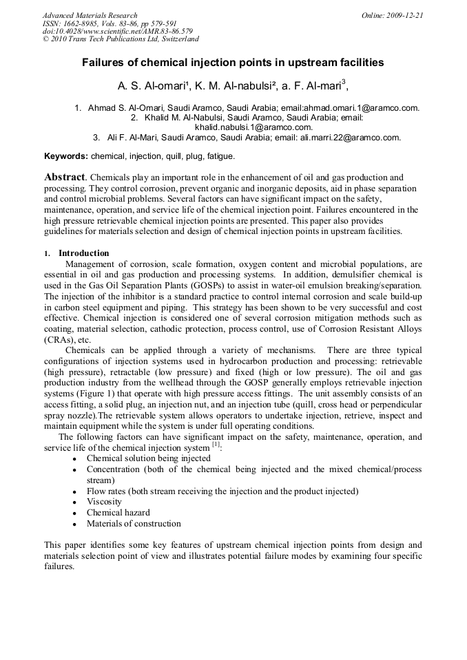 Failures of Chemical Injection Points in Upstream Facilities ...