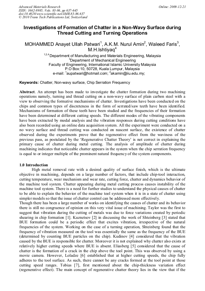 Investigations of Formation of Chatter in a Non-Wavy Surface during ...