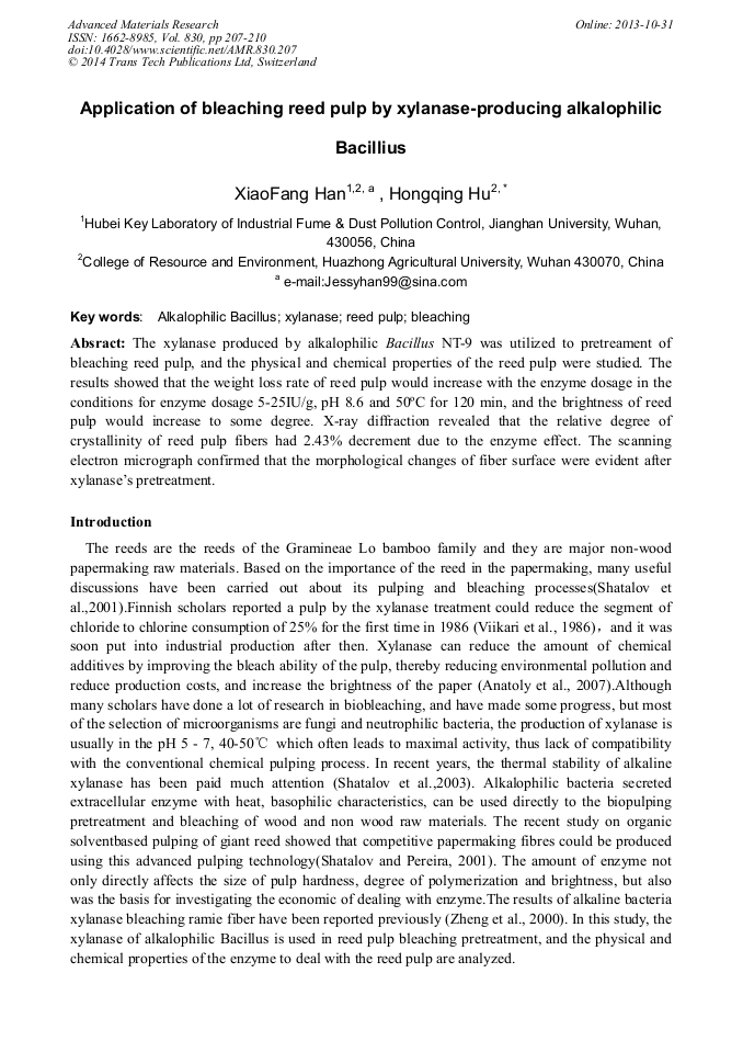 Application of Bleaching Reed Pulp by Xylanase-Producing Alkalophilic ...