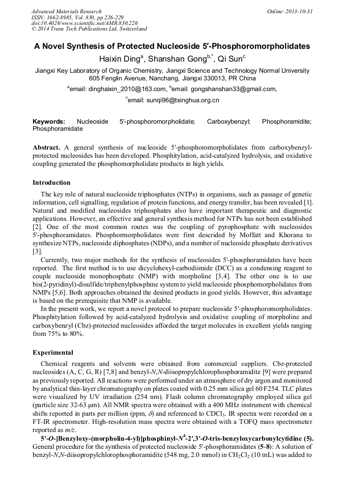 A Novel Synthesis of Protected Nucleoside 5'-Phosphoromorpholidates ...