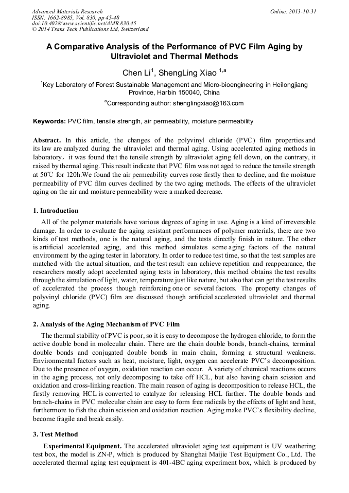 A Comparative Analysis of the Performance of PVC Film Aging by ...