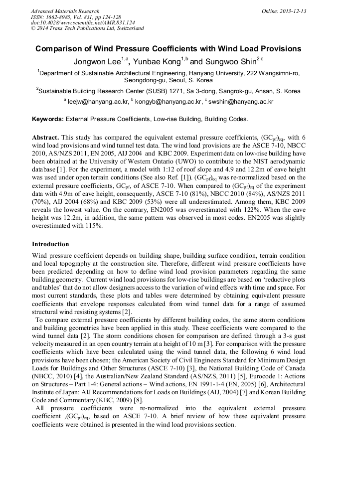 Comparison of Wind Pressure Coefficients with Wind Load Provisions ...