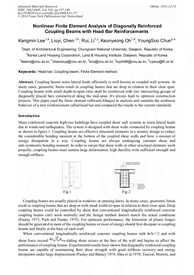 Nonlinear Finite Element Analysis of Diagonally Reinforced Coupling Beams with Head Bar ...