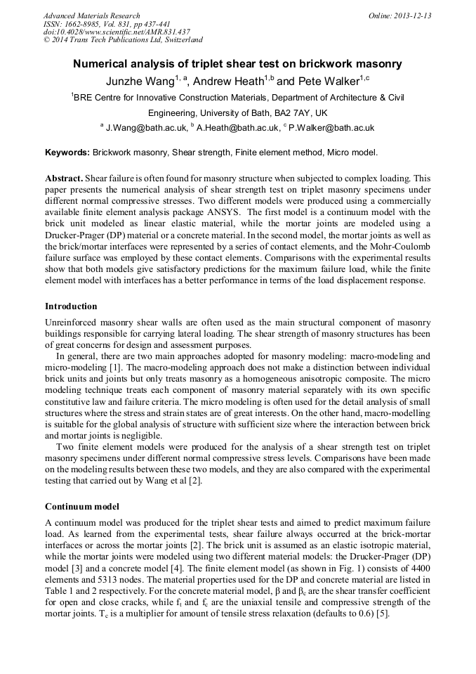 Numerical Analysis of Triplet Shear Test on Brickwork Masonry ...