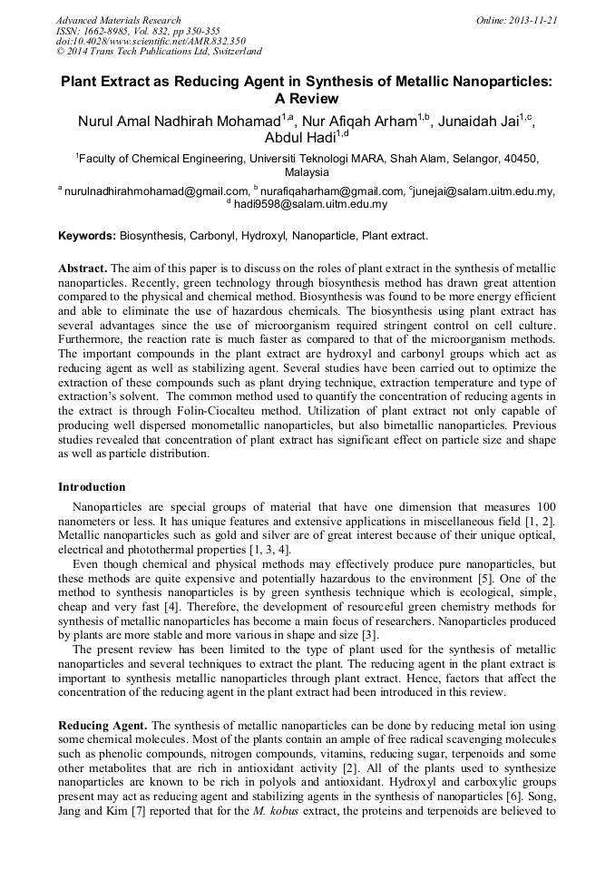 Plant Extract as Reducing Agent in Synthesis of Metallic Nanoparticles ...