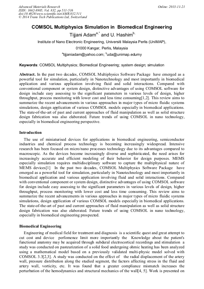 COMSOL Multiphysics Simulation in Biomedical Engineering | Scientific.Net