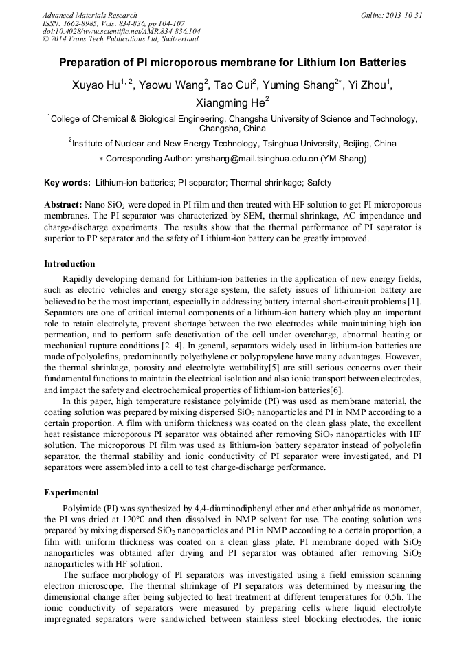 Preparation of PI Microporous Membrane for Lithium Ion Batteries ...