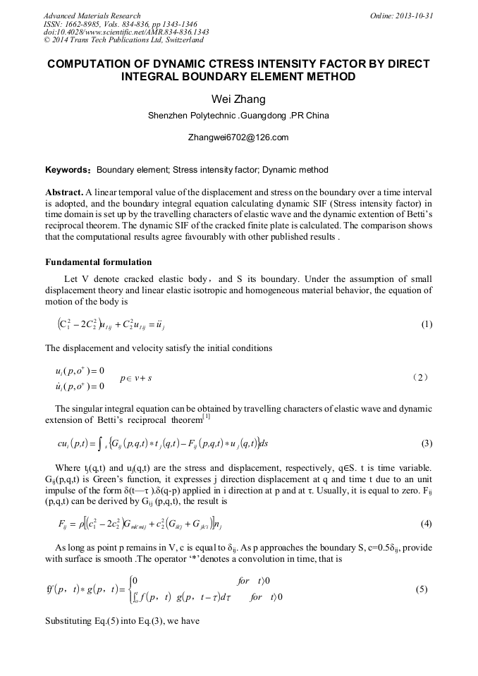 Computation of Dynamic Stress Intensity Factor by Direct Integral ...