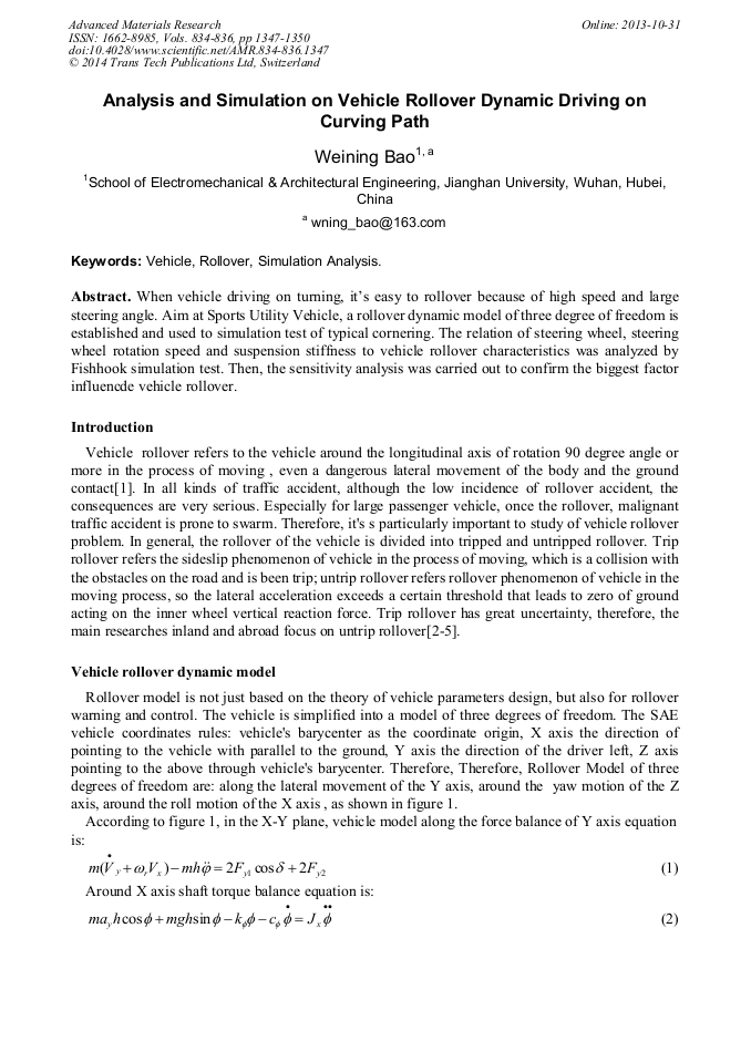 Analysis and Simulation on Vehicle Rollover Dynamic Driving on Curving ...