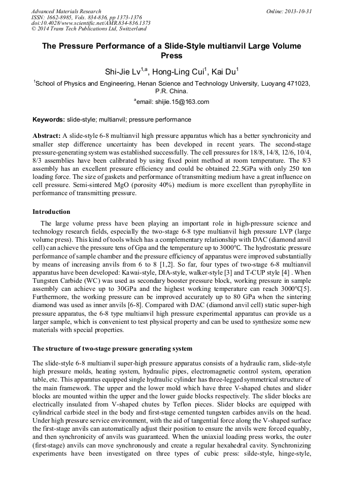 The Pressure Performance of a Slide-Style Multianvil Large Volume Press | Scientific.Net