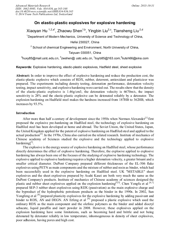 On Elastic-Plastic Explosives for Explosive Hardening | Scientific.Net