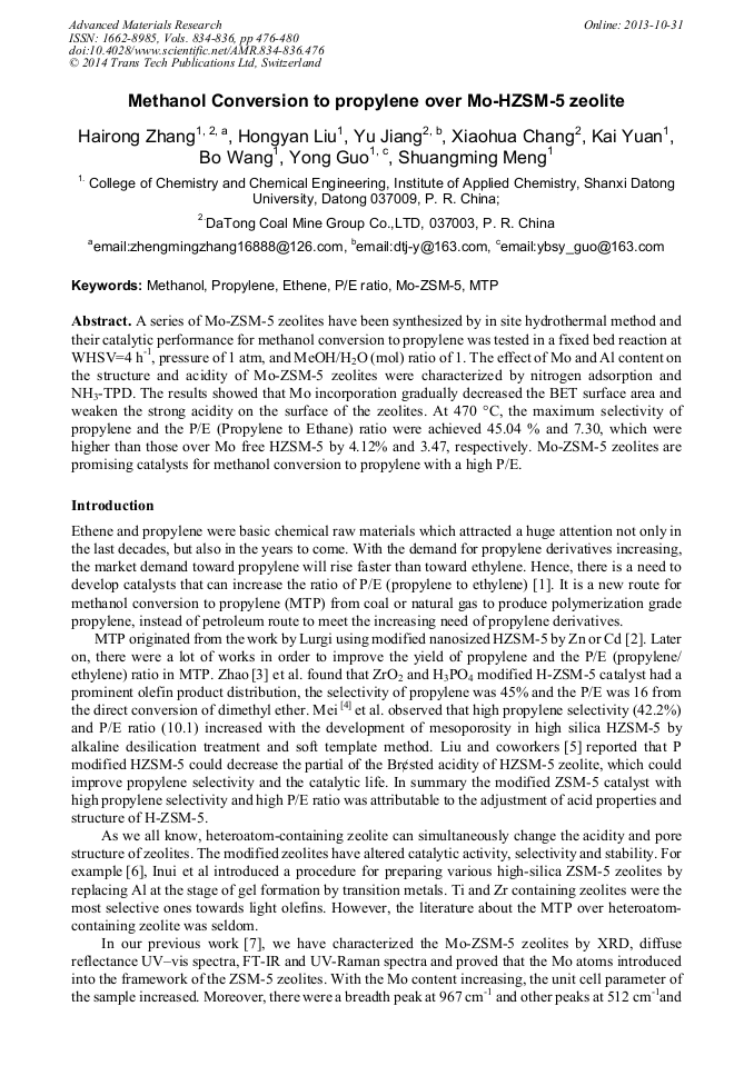Methanol Conversion to Propylene over Mo-HZSM-5 Zeolite | Scientific.Net
